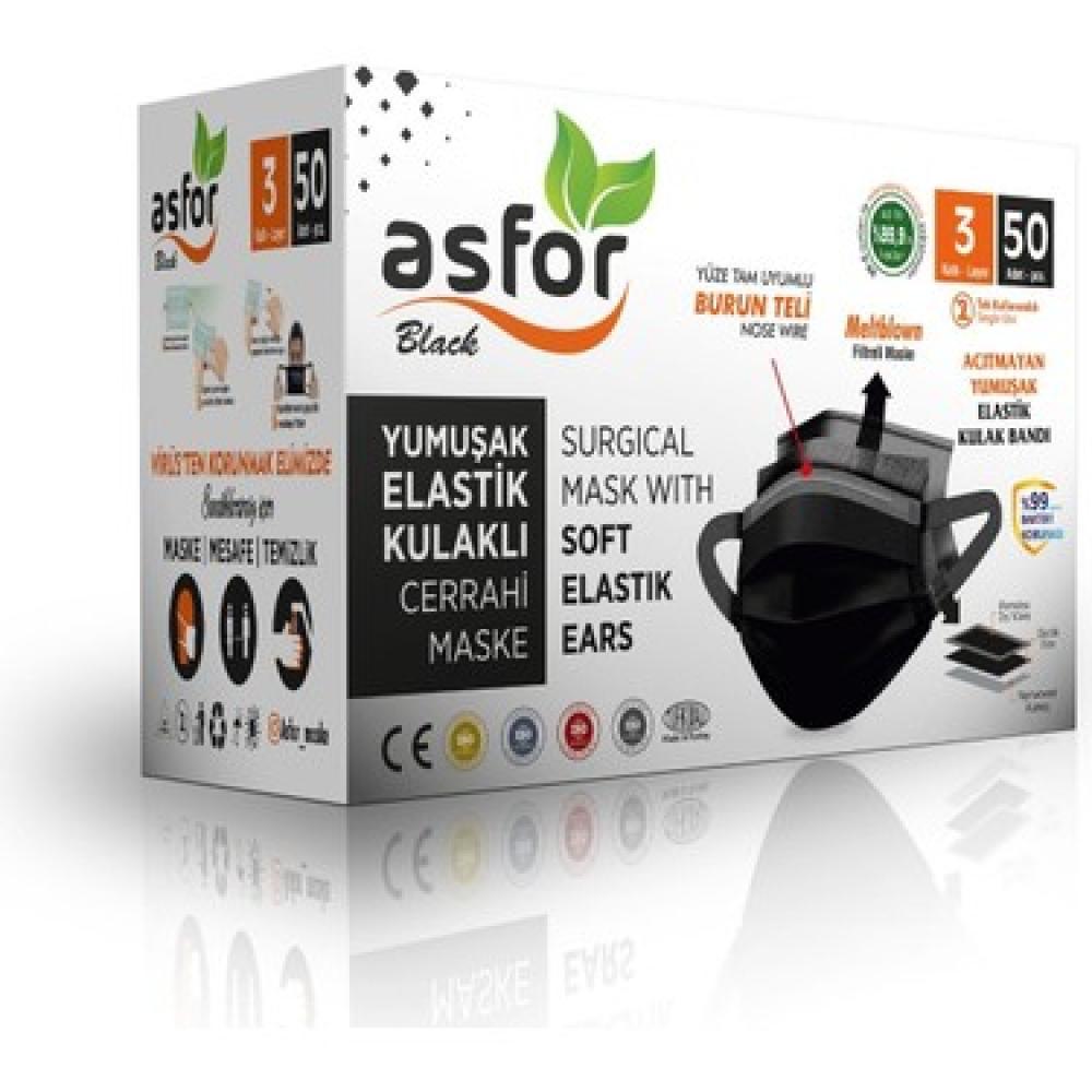 ASFOR 3 KATLI ELASTİK MASKE 50Lİ SİYAH - Fiyat Üyelere Özel